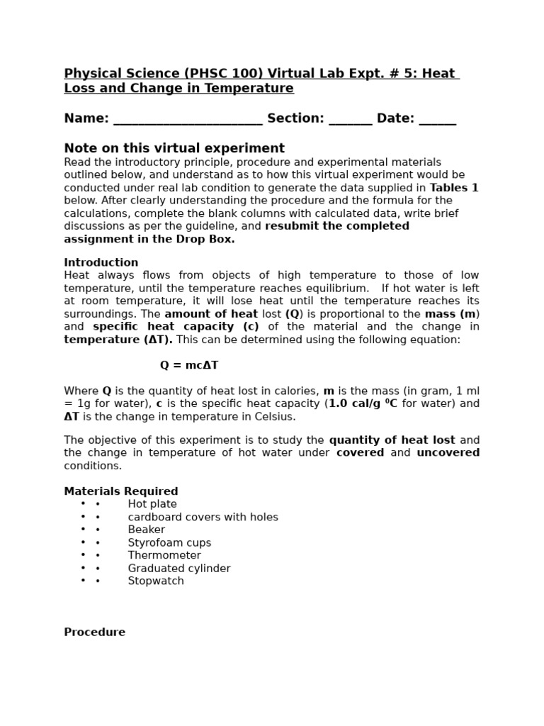 Virtual Heat Loss Lab Guide | PDF | Temperature | Heat