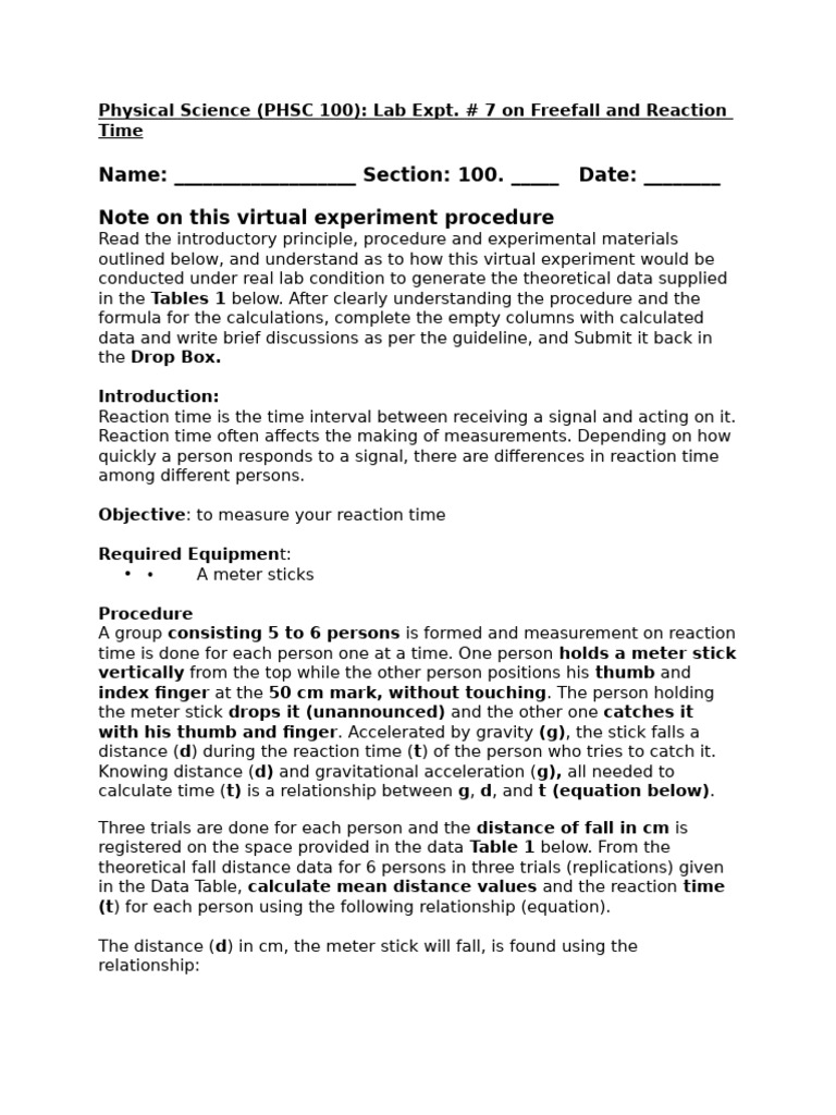 Freefall Reaction Time Lab Guide | PDF | Mental Chronometry | Gravity