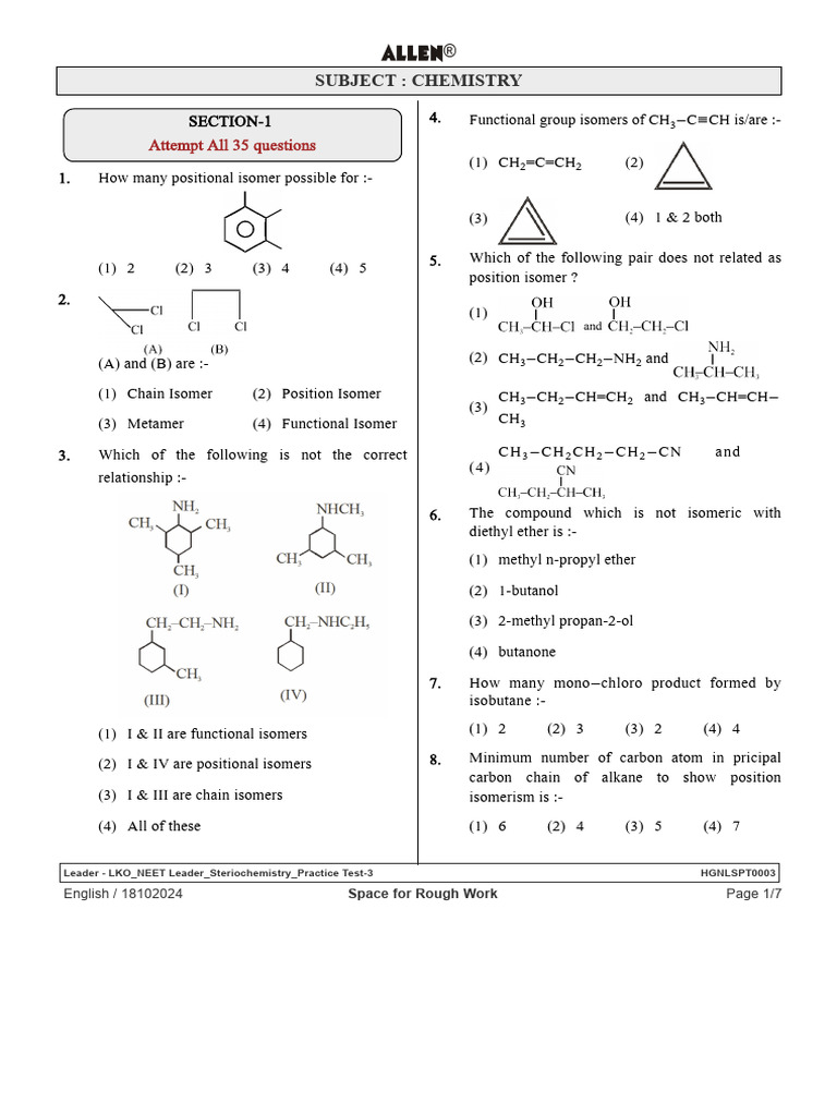 Striochemistry-3 - Practice Test | PDF | Isomer | Alkene