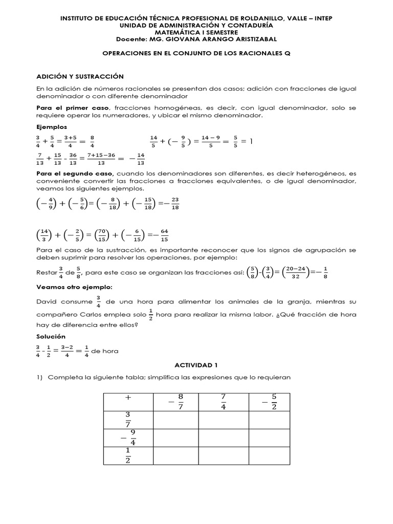 Operaciones con Números Racionales | PDF | División (Matemáticas ...