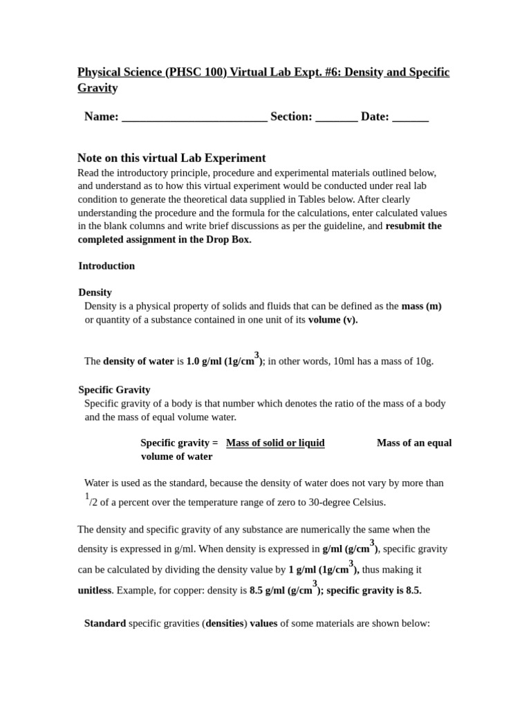 Virtual Lab Expt. #6 Density and Specific Gravity | PDF | Density | Volume