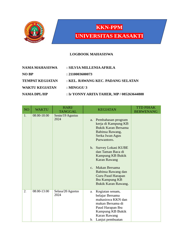 Logbook Kegiatan KKN Mahasiswa 2024 | PDF
