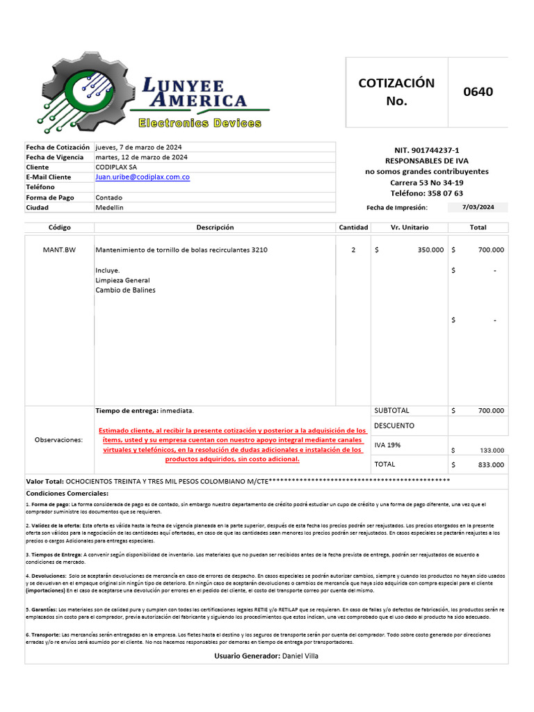 0640 Cotizacion Codiplax Sa | PDF | Precios | Economias