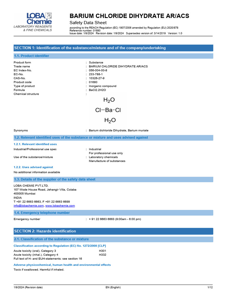 MSDS BARIUM CHLORIDE DIHYDRATE CASNO 10326 27 01680 EN - Aspx | PDF | Toxicity | Dangerous Goods