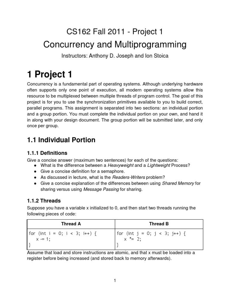 Concurrency and Multiprogramming: 1 Project 1 | PDF | Thread (Computing) | Concurrency (Computer ...