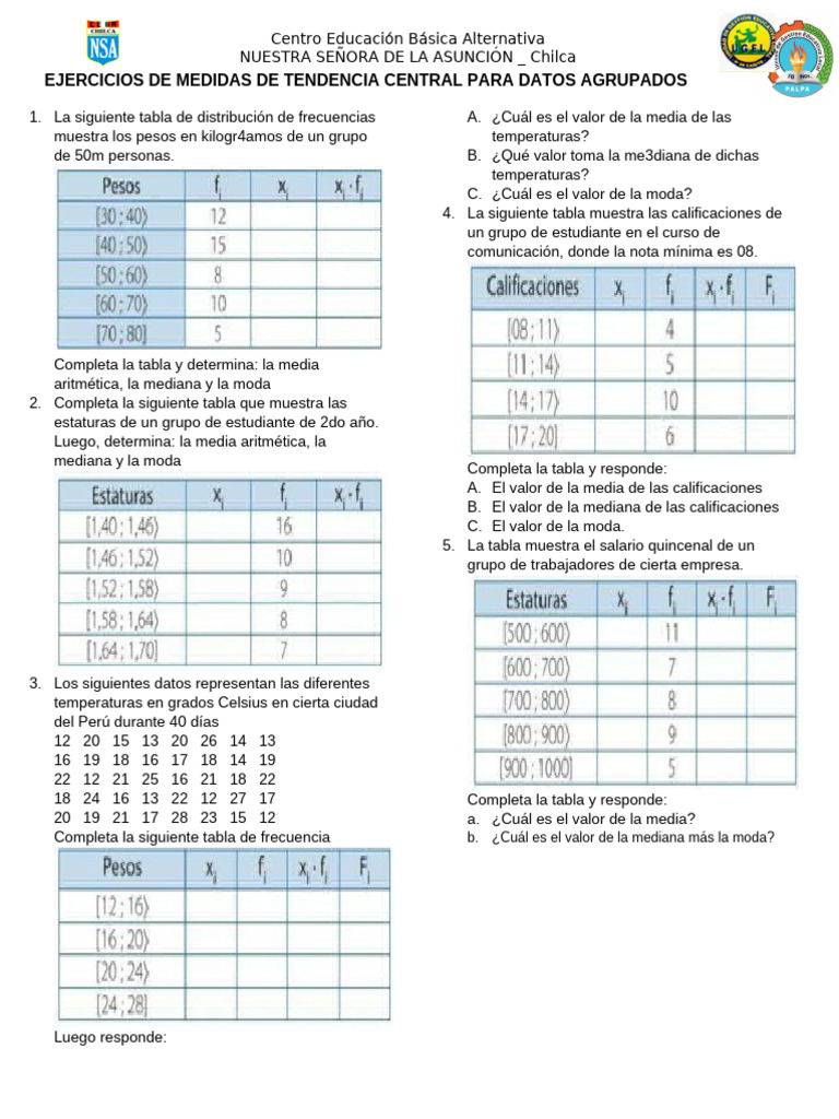 Ejercicios de Medidas de Tendencia Central para Datos Agrupados | PDF
