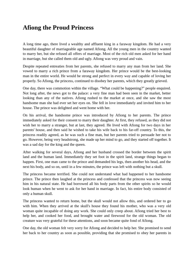 Afiong The Proud Princess - Folk Tale | PDF | Folklore | Literary Motifs