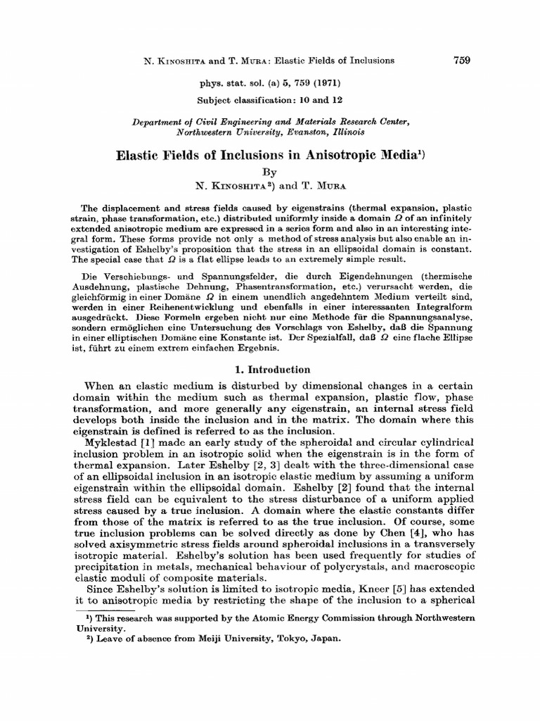 [Paper][1971] Elastic Fields of Inclusions in Anisotropic Media | PDF | Stress (Mechanics ...