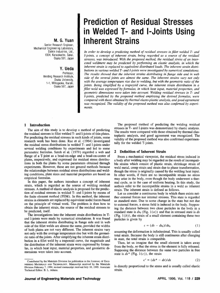(Paper) (1996) Prediction of Residual Stresses in Welded T - and I-Joints Using Inherent Strains ...