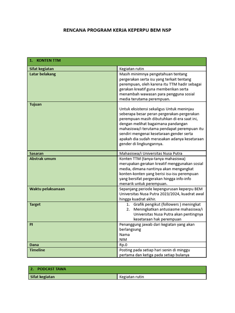 Rencana Program Kerja Keperpu Bem Unp | PDF