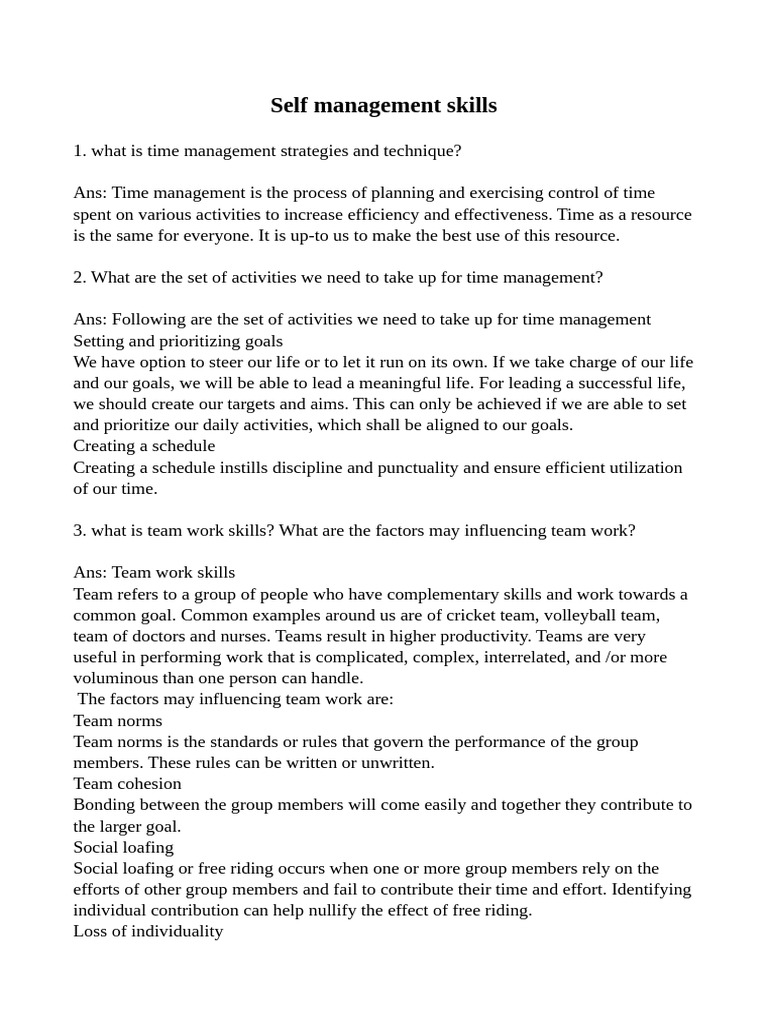 Self Management Skills Notes | PDF | Goal | Psychology