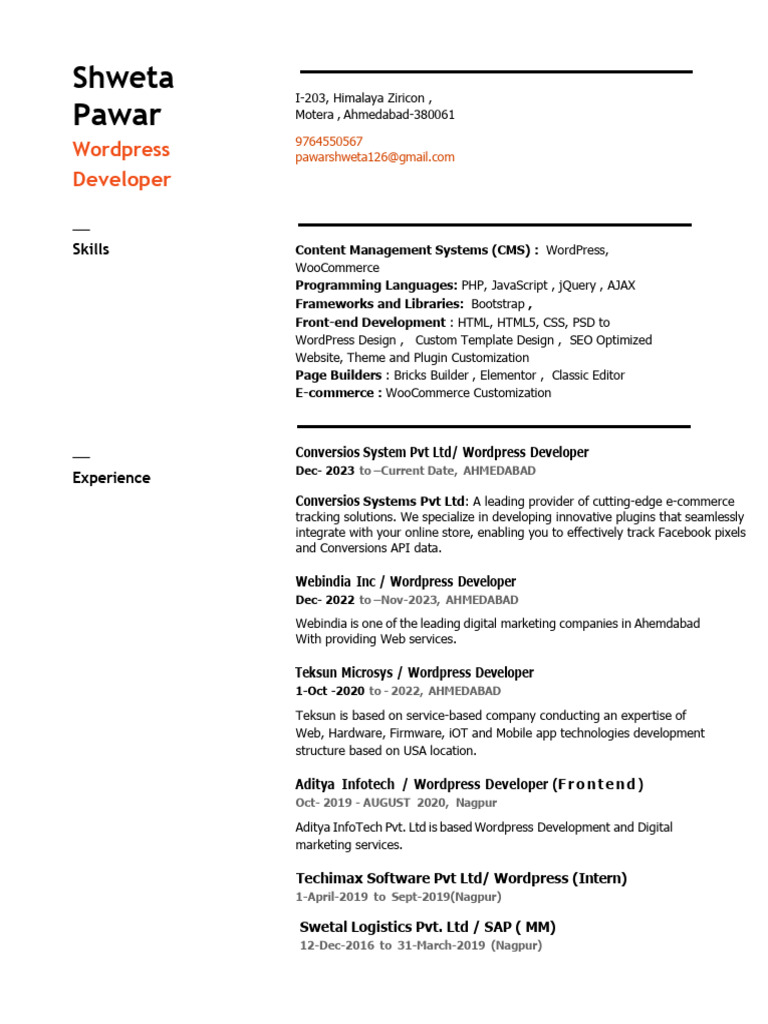 Shweta Updated Resume New | PDF | Word Press | Websites