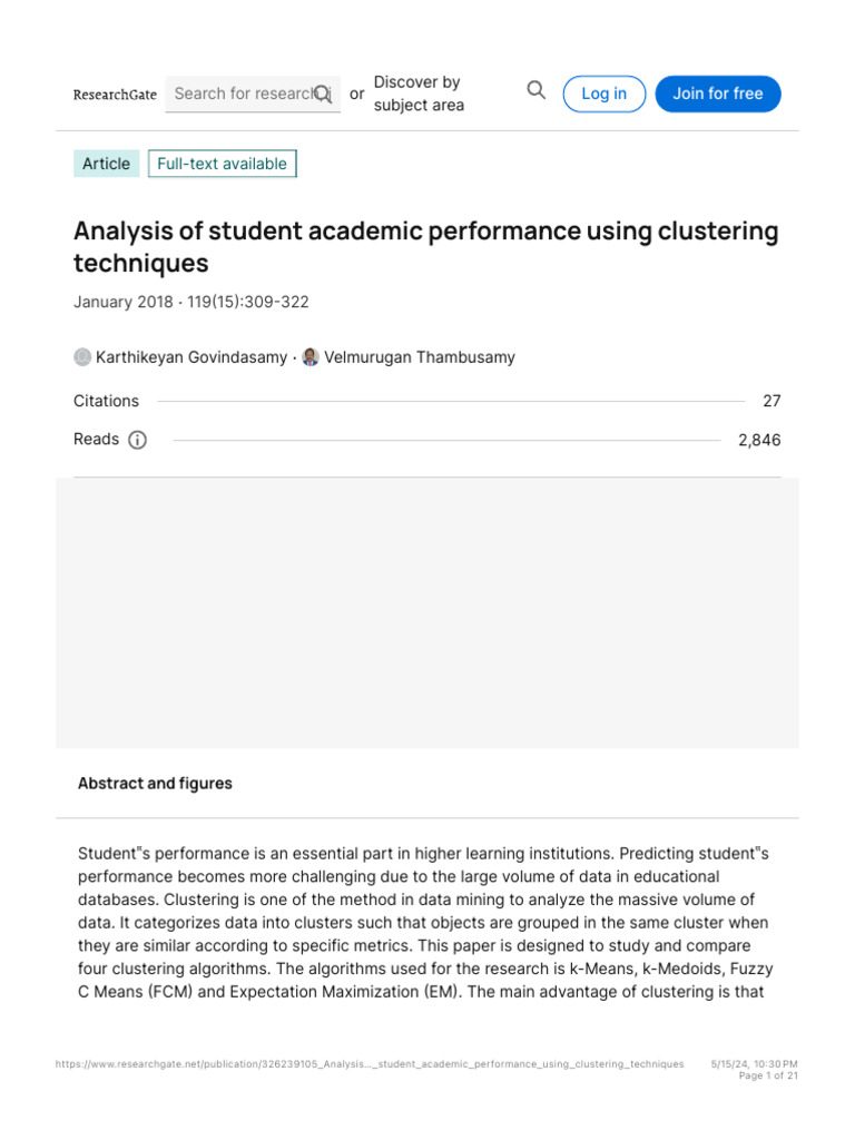 Analysis of Student Academic Performance Using Clustering Techniques | PDF | Cluster Analysis ...