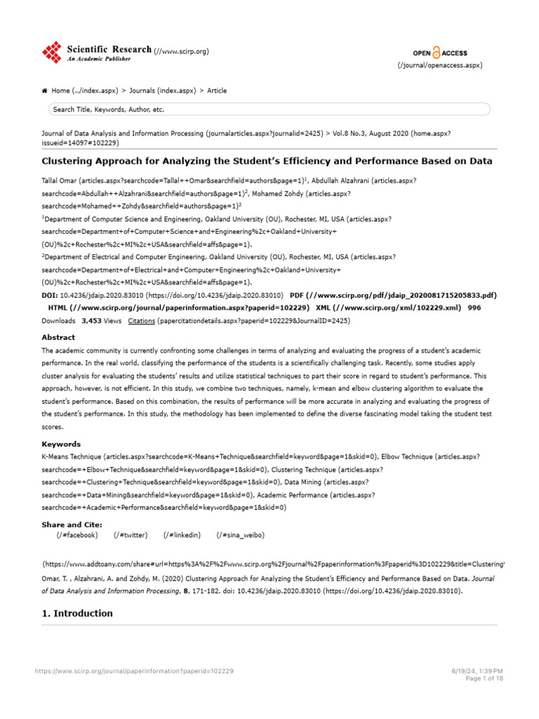 Clustering Approach for Analyzing the Student’s Efficiency and Performance Based | PDF | Cluster ...
