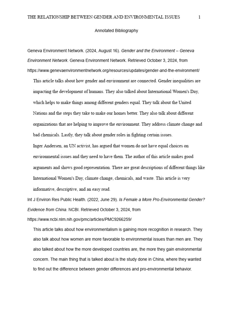Annotated Bibliography Group 3 Envi 110 | PDF | Gender | Gender Studies
