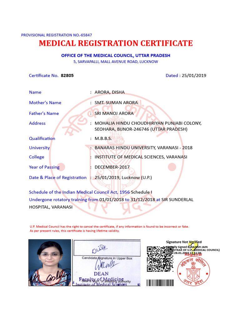 UP Medical Council Registration Certificate | PDF