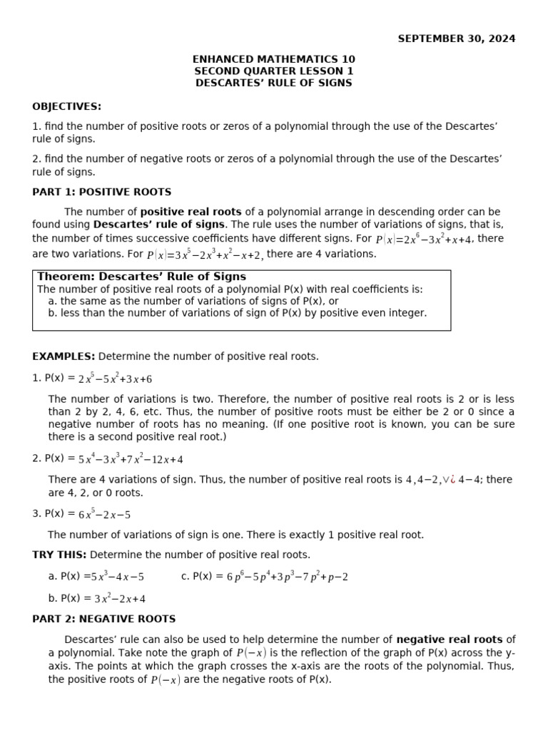 Descartes' Rule of Signs Explained | PDF | Arithmetic | Mathematical ...
