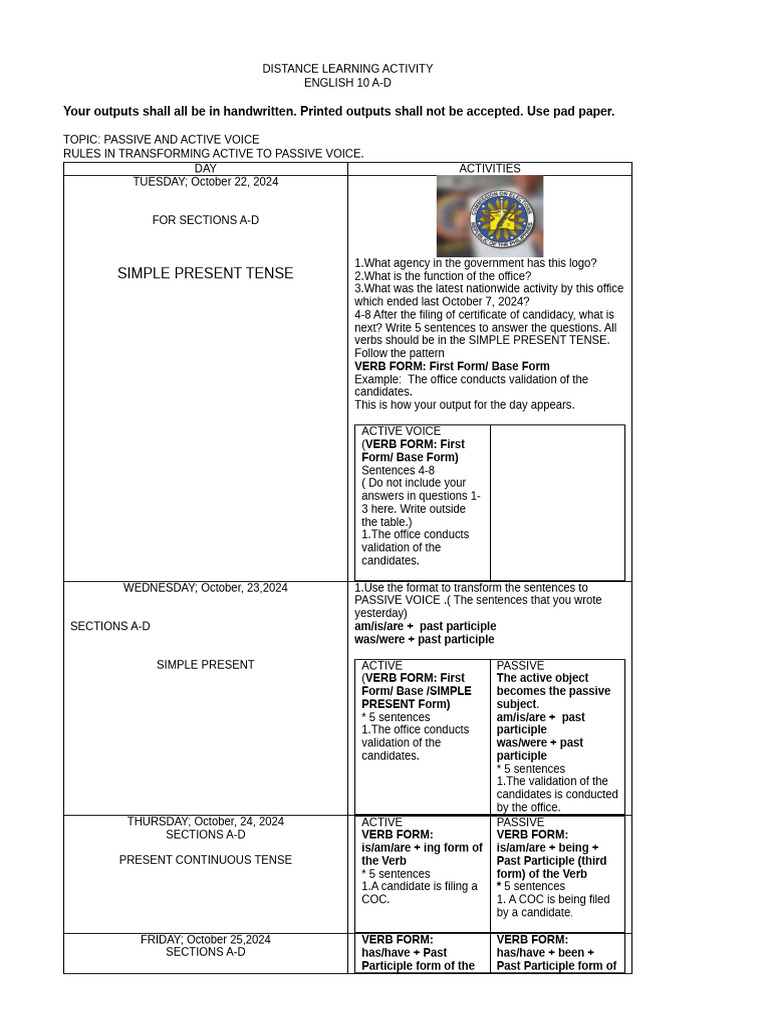 English 10 Distance Learning Activity October Passive and Active Voice ...