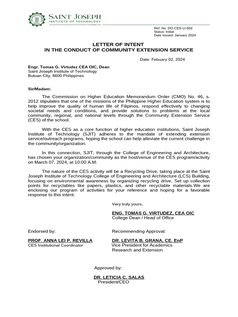 CES INTENT LETTER_MONTE | PDF | Waste Management | Waste