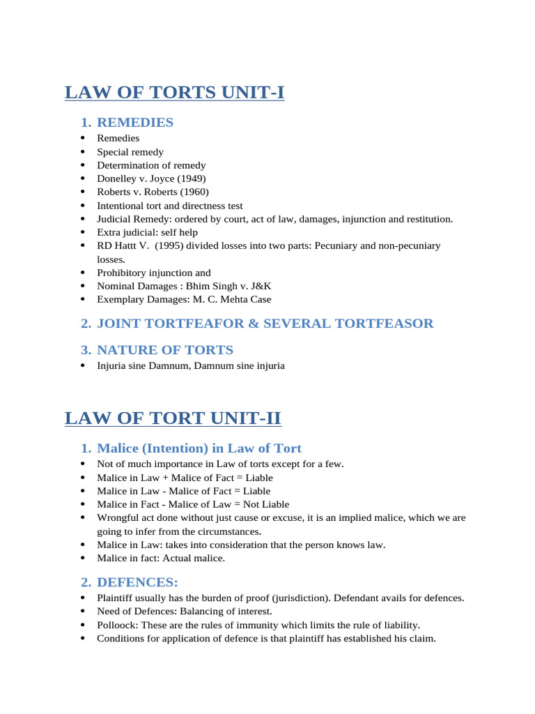 Law of Torts: Remedies & Defenses | PDF