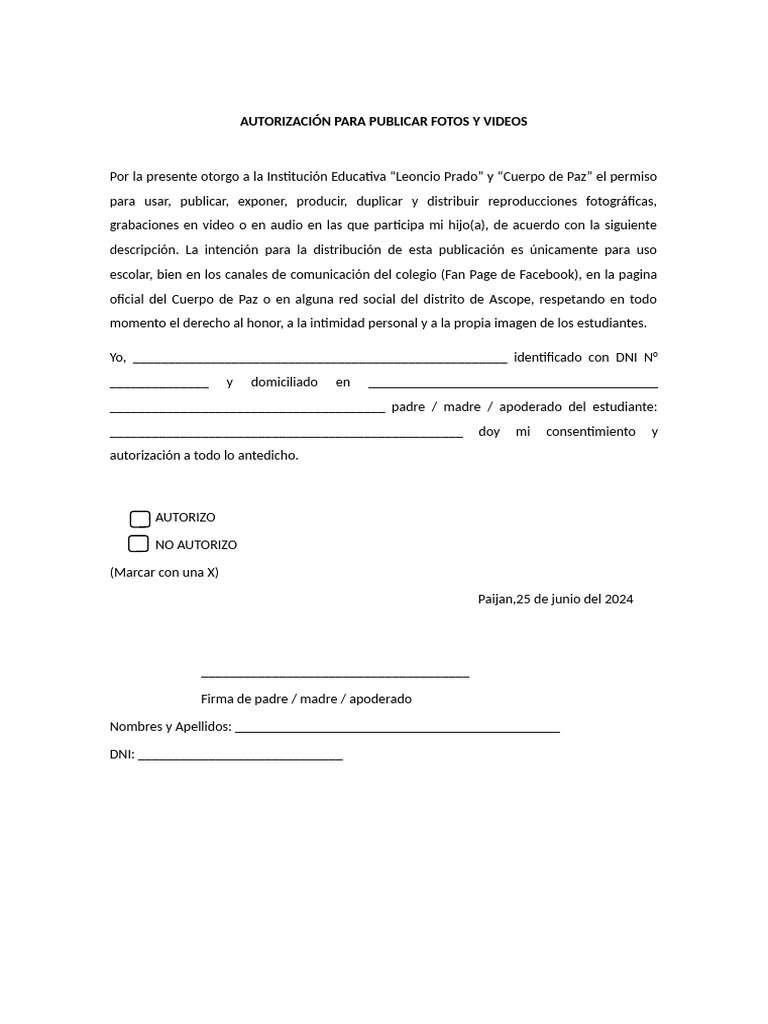 Autorización para Publicar Fotos y Videos | PDF