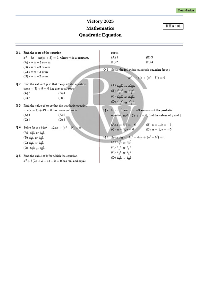 Victory 2025 Mathematics Quadratic Equation: X X M M M | PDF ...