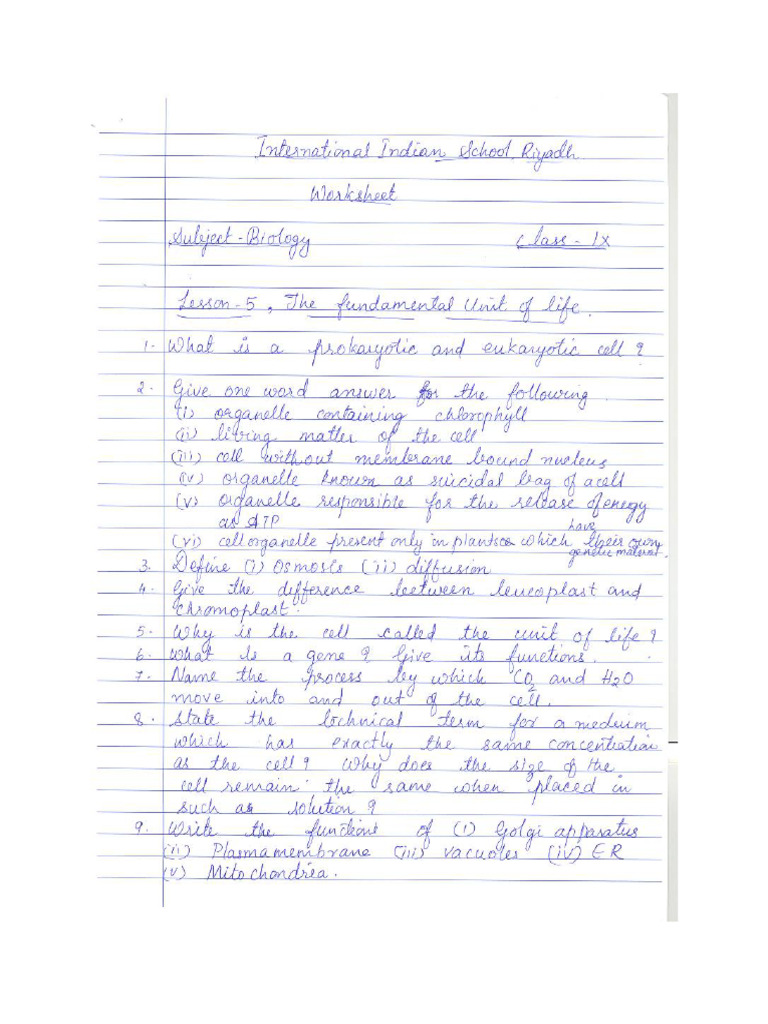 CBSE Class 9 Biology Worksheet - The Fundamental Unit of Life | PDF