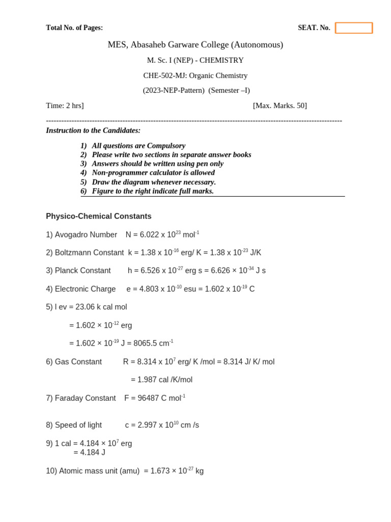 Combined MSc-Phy-NEP-exam-2023-Set-1 | PDF | Reaction Rate | Gibbs Free Energy