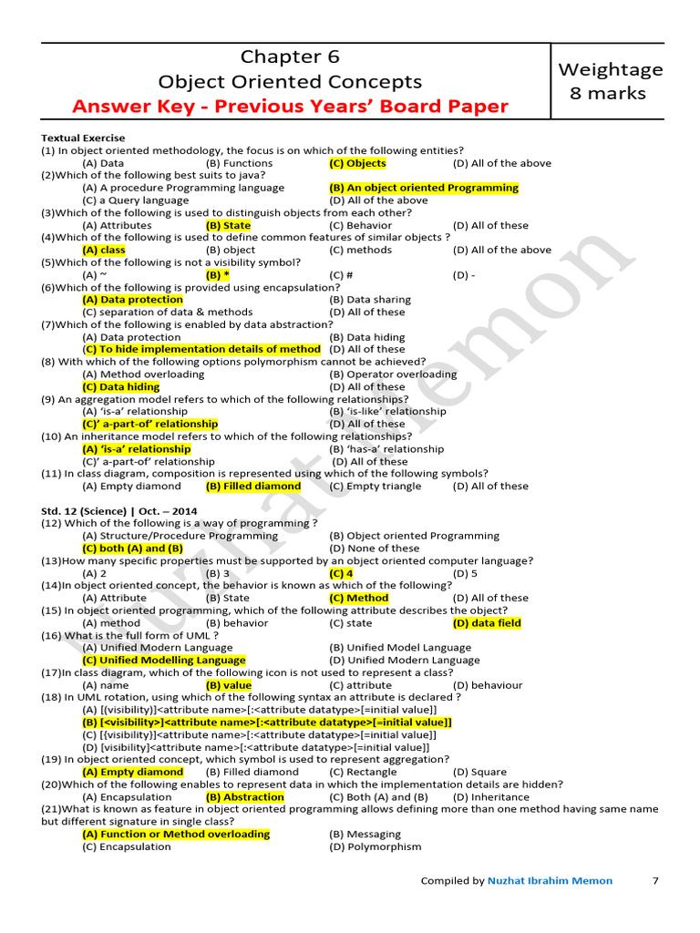 Object-Oriented Programming Quiz Questions | PDF | Method (Computer Programming) | Class ...