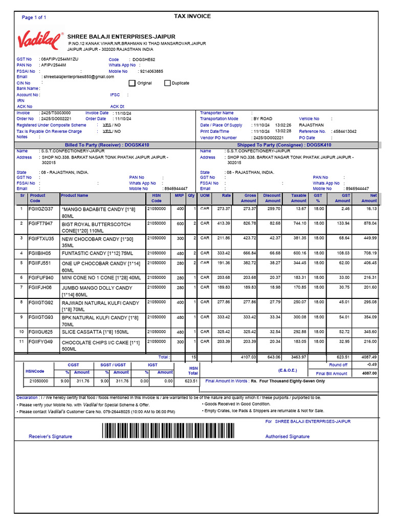 Tax Invoice: Billed To Party (Receiver) : DOGSK410 Shipped To Party ...