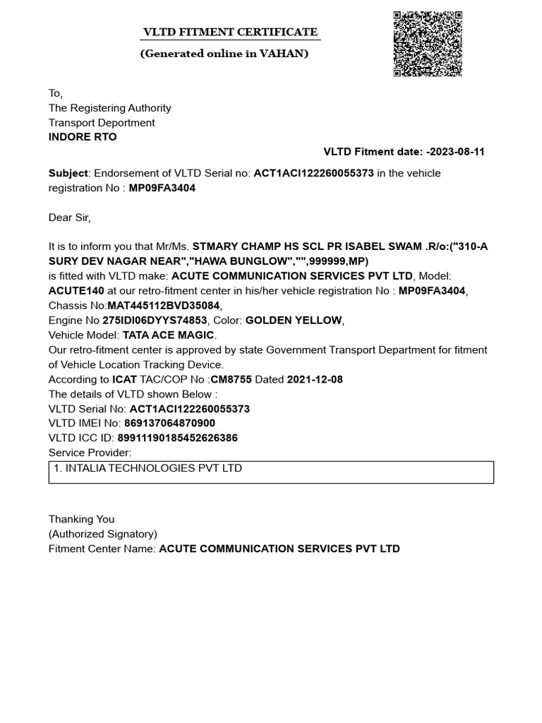 VLTD CERTIFICATE | PDF