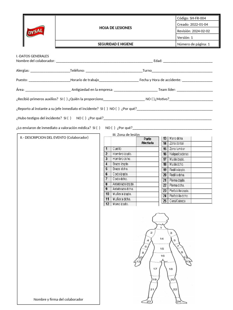 Hoja de Lesiones | PDF | Medicina | Cuidado de la salud