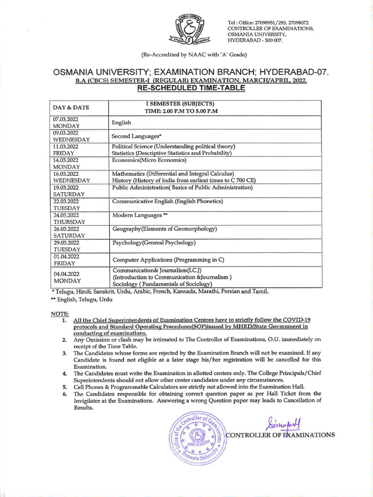 Ou Revised TT March 2022 | PDF