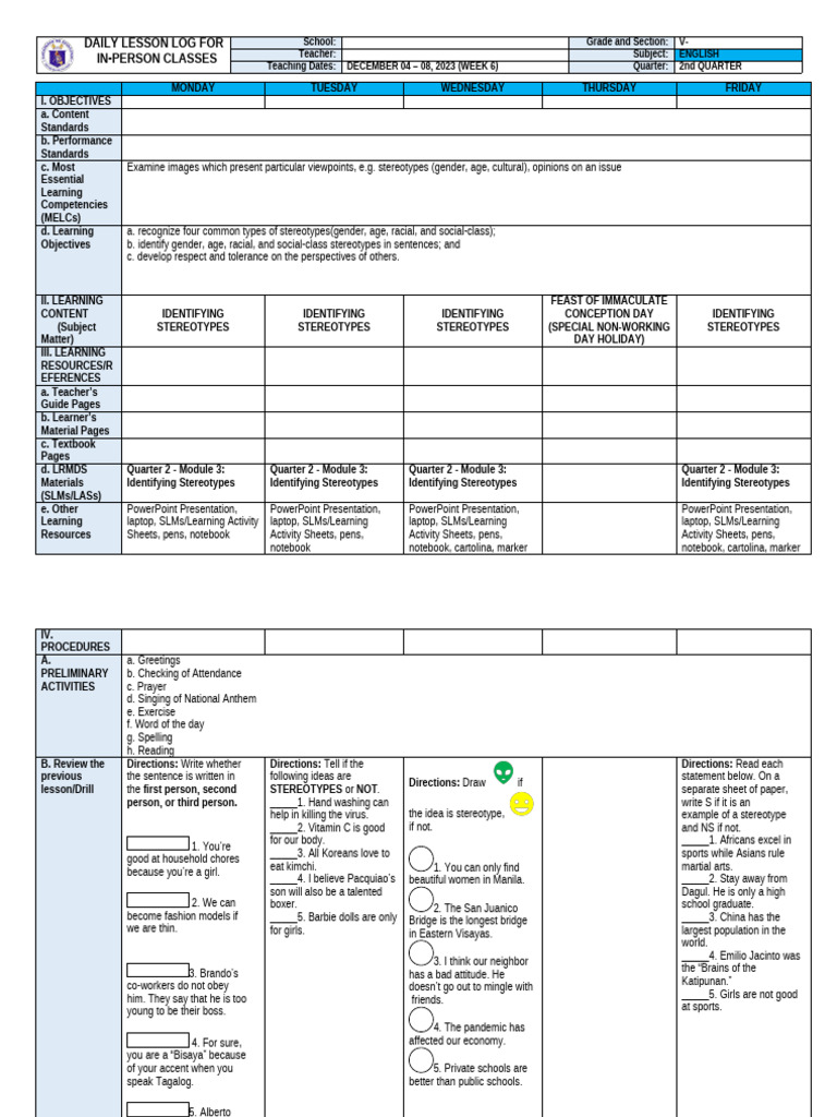 g5 q2w6 DLL English (Melcs) | PDF | Stereotypes | Learning