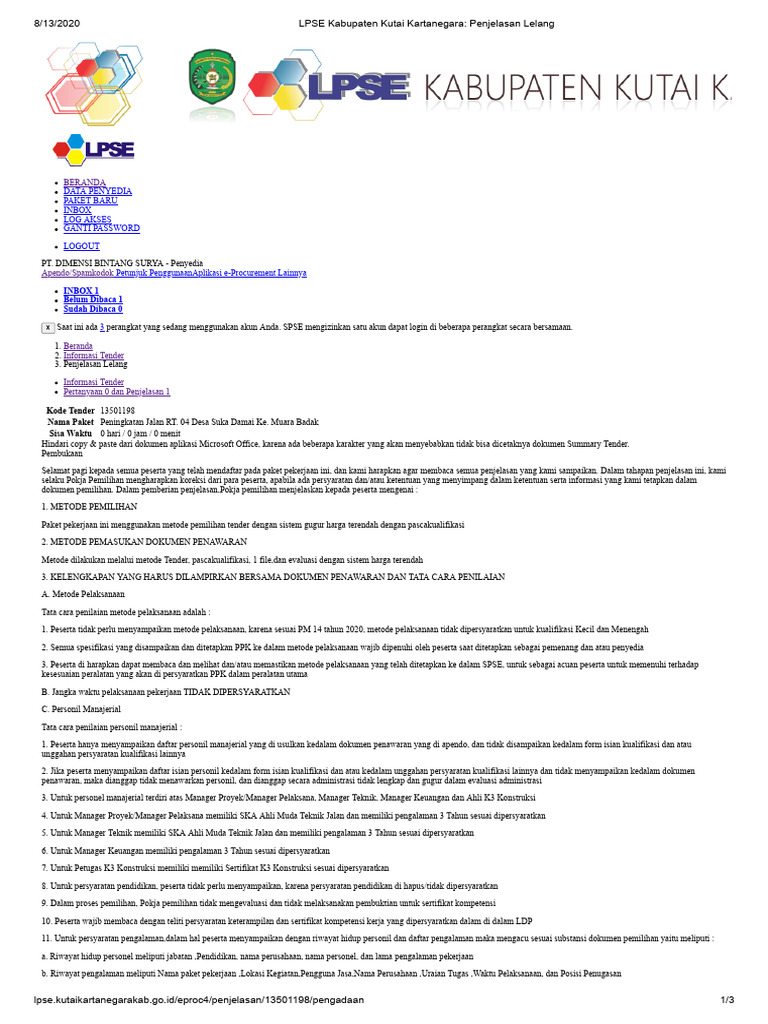 LPSE Kabupaten Kutai Kartanegara - Penjelasan Lelang | PDF