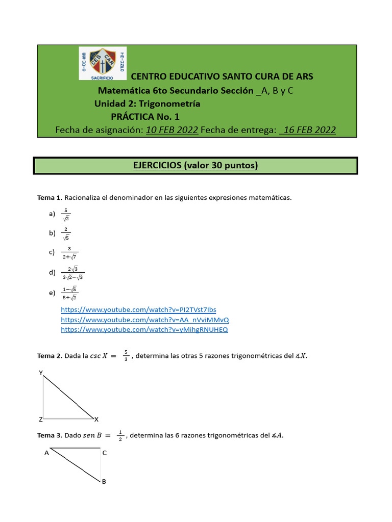 Practica 1 - Trigonometría 6to A B C | PDF | Trigonometría | Funciones trigonométricas
