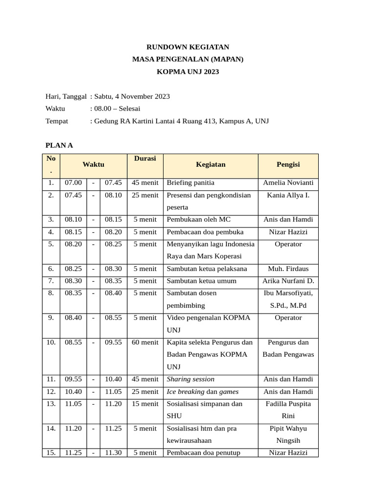 Rundown Kegiatan DIKLATSAR 2023 | PDF