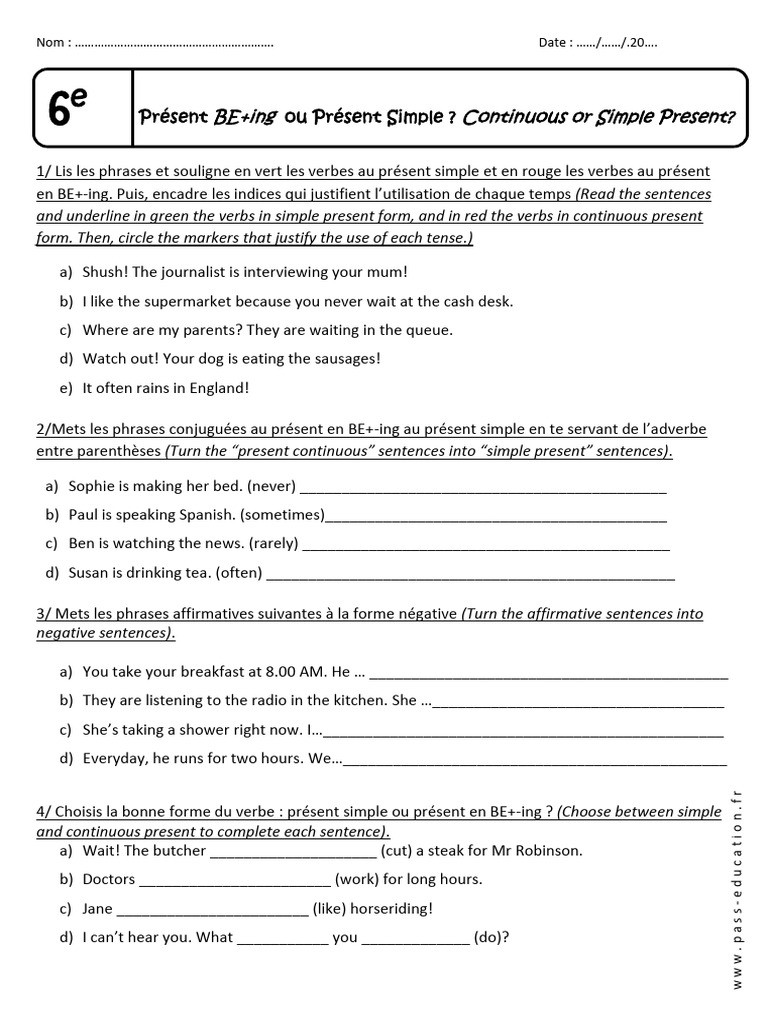 Exercice sur le Présent Simple et BE+ing | PDF