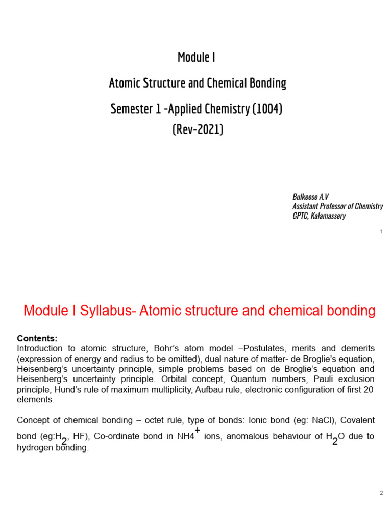 S1 (1004) - Module 1 Notes - Atomic Structure and Chemical Bonding ...