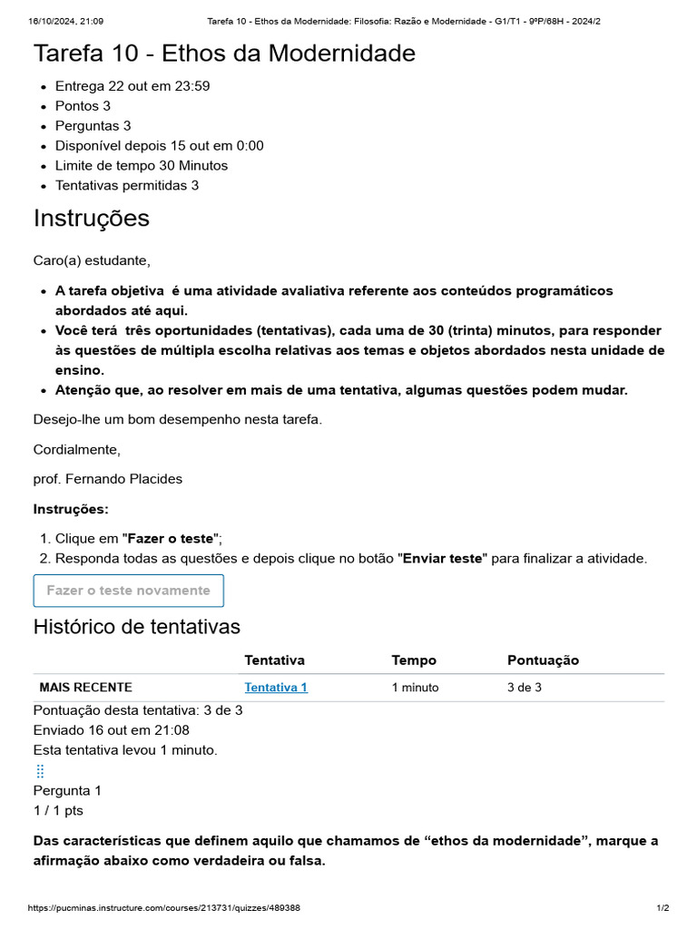 Tarefa 10 - Ethos Da Modernidade - Filosofia - Razão e Modernidade - G1 - T1 - 9ºP - 68H - 2024 ...