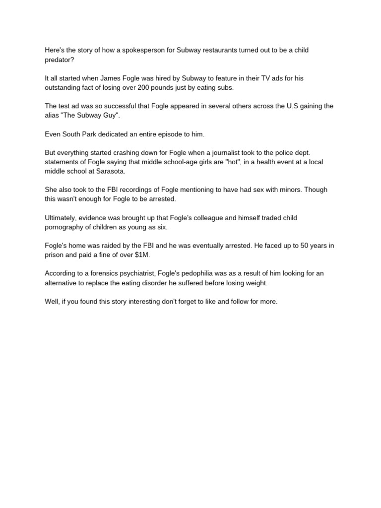 Jared Fogle's Child Scandal Script For TikTok | PDF