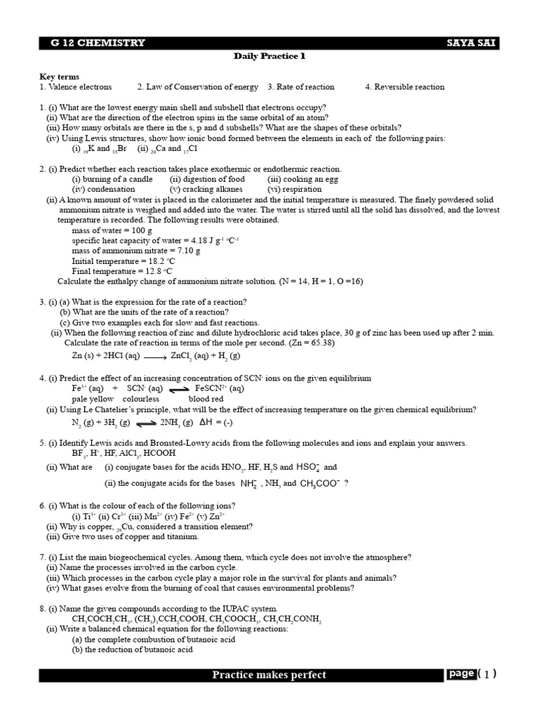 G12 Chemistry Daily Practice30 | PDF | Chemical Reactions | Acid