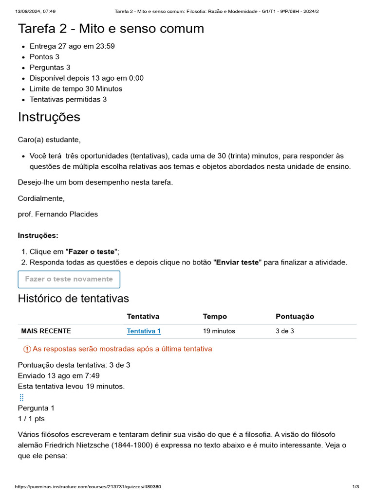 Tarefa 2 - Mito e Senso Comum - Filosofia - Razão e Modernidade - G1 - T1 - 9ºP - 68H - 2024 - 2 ...