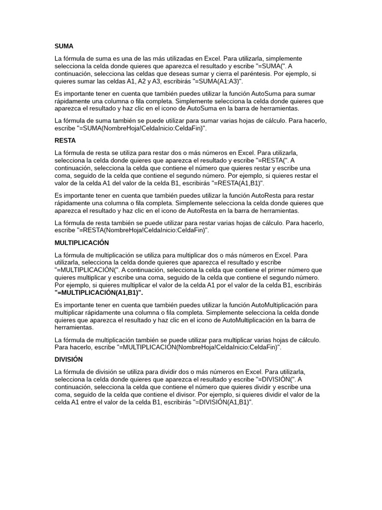 Fórmulas Básicas de Excel: Suma, Resta, Multiplicación y División | PDF ...