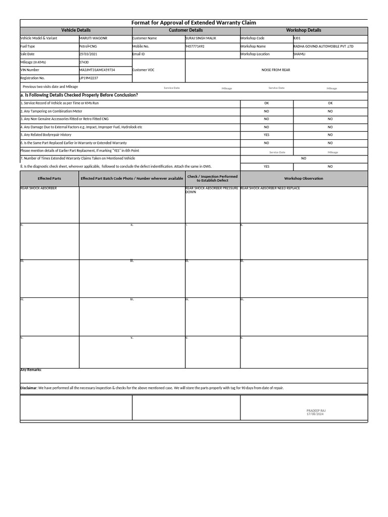 EW Claim Approval check sheet Format. 4596 | PDF | Transport | Motor ...