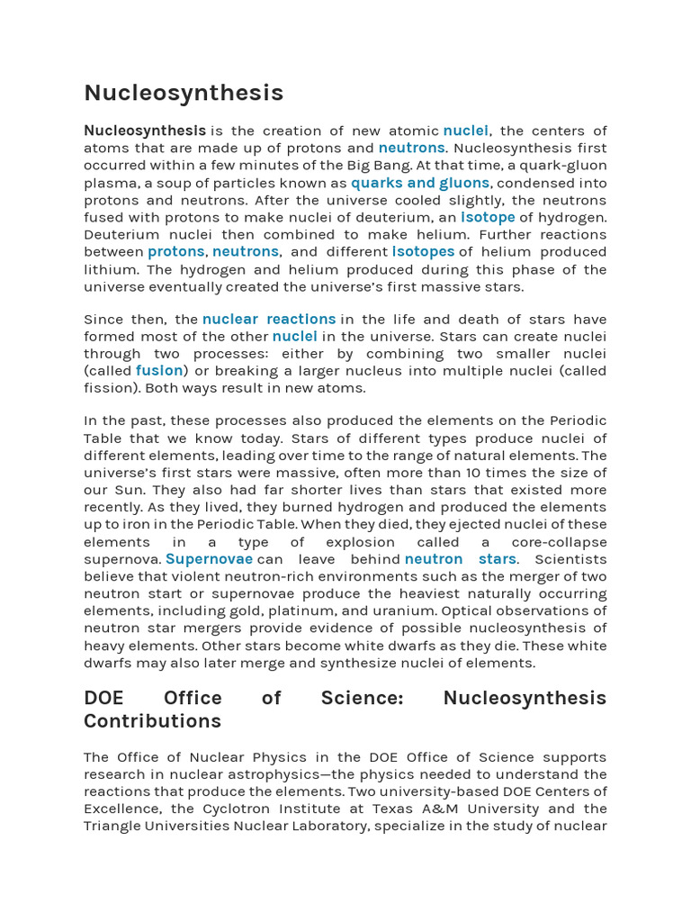 Nucleosynthesis, Supernova DOE | PDF | Stars | Chemical Elements