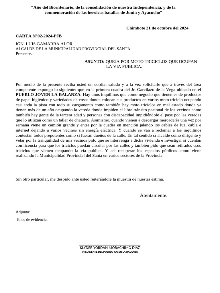 Carta Numero 2 Triciclos Ocupan La via Publica | PDF Carta Numero 2 Triciclos Ocupan La via Publica | PDF