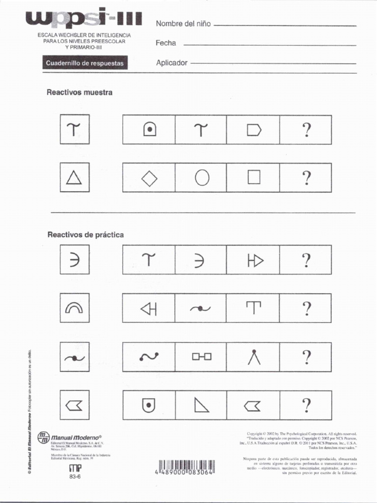 WPPSI III - Cuadernillo de Respuestas | PDF | Evaluación ...