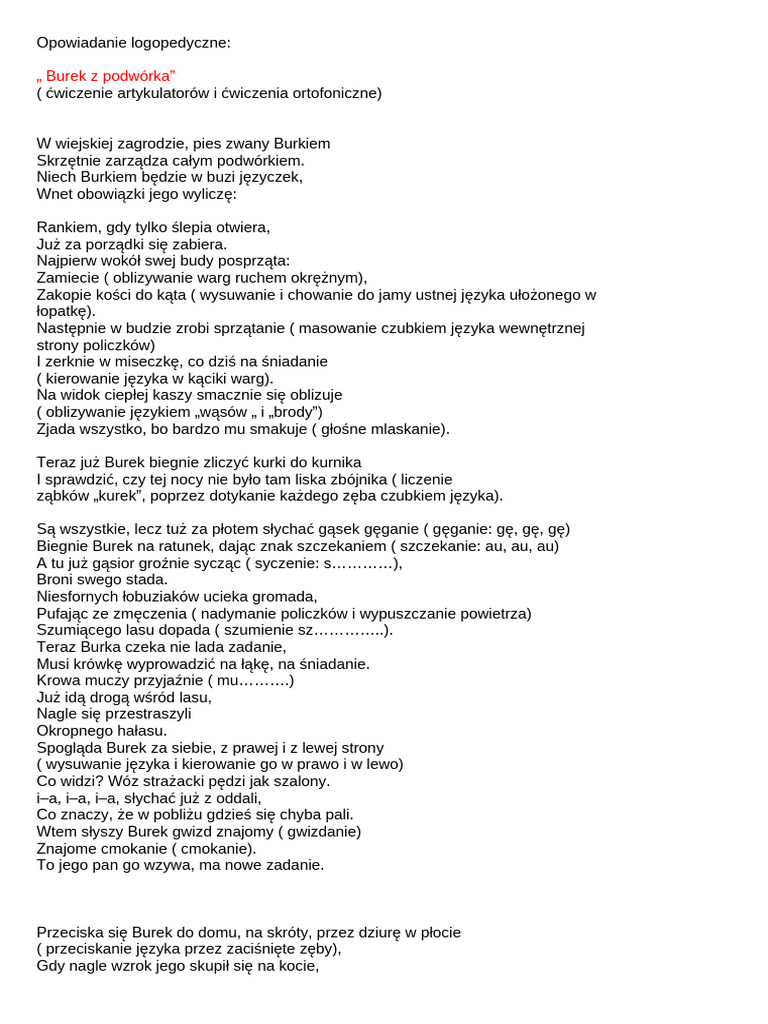 Opowiadanie Logopedyczne | PDF