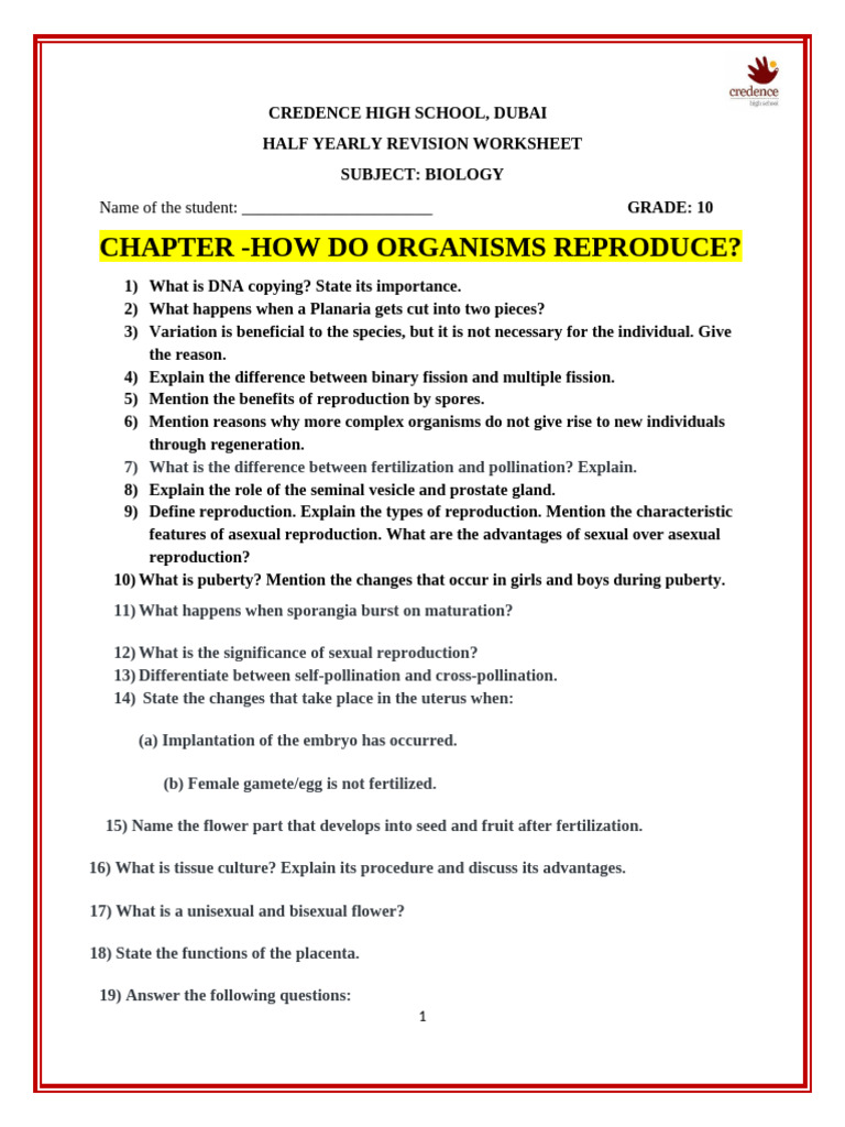 REVISION WORKSHEET - REPRODUCTION GR 10 | PDF | Reproduction ...